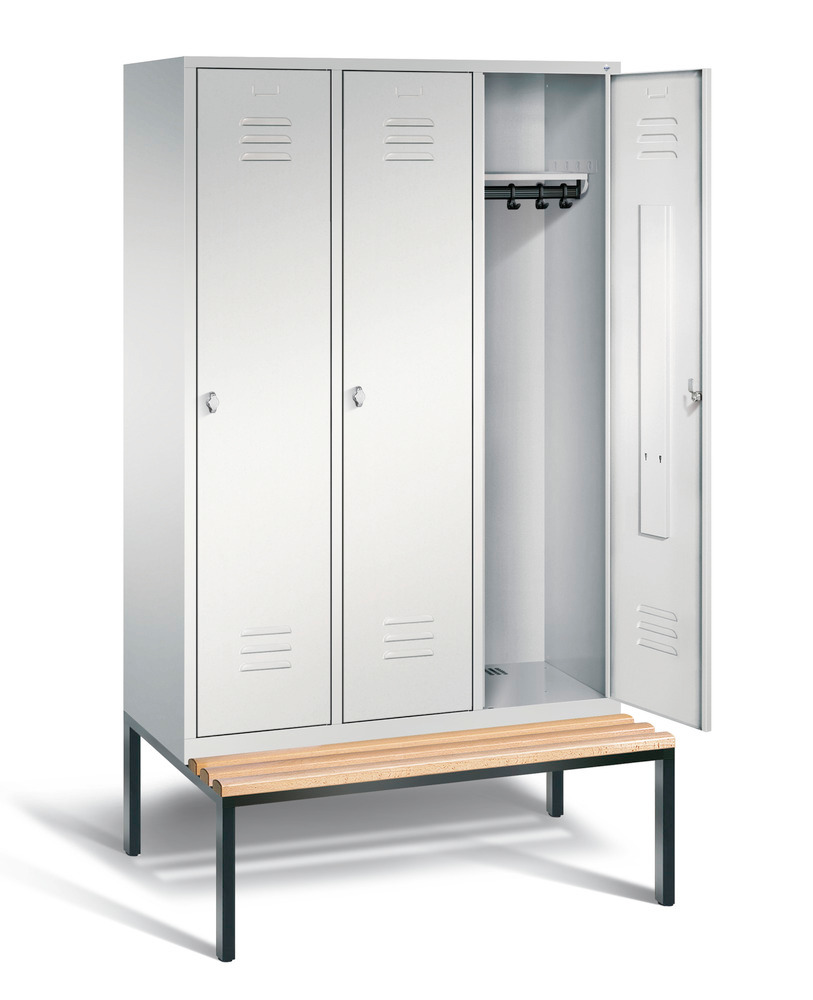 Locker with bench Cabo, 3 compartments, W 1200, H 2090, D 500/815, grey ...