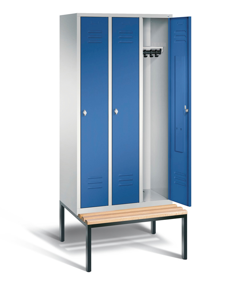 Locker with bench Cabo, 3 compartments, W 900, H 2090, D 500/815, grey/blue