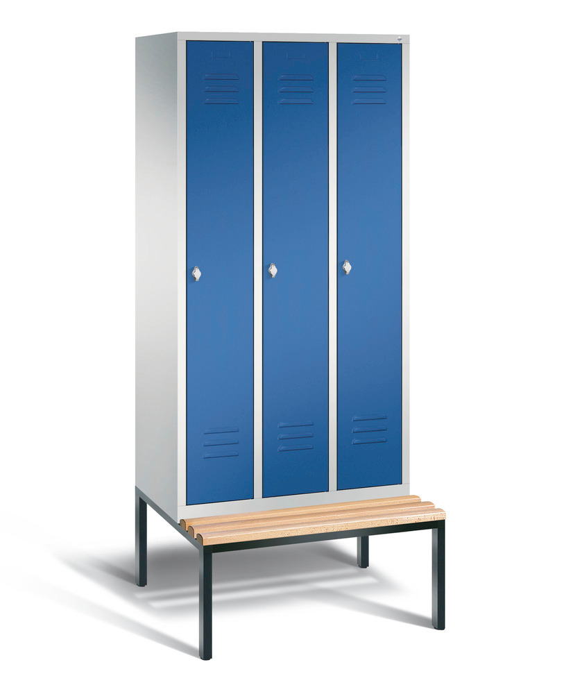 Locker with bench Cabo, 3 compartments, W 900, H 2090, D 500/815, grey/blue