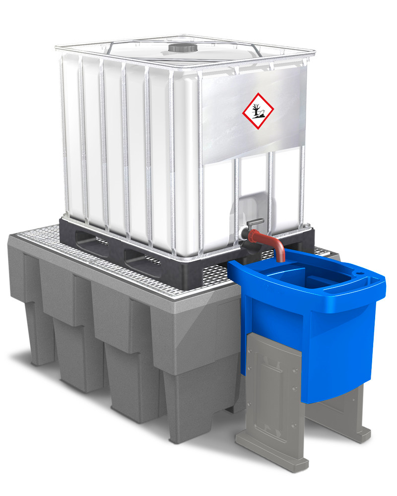 Dispensing tray for IBC spill pallets, height adjustable, with two legs